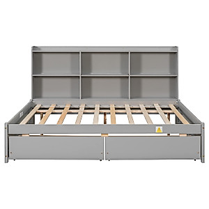 Harper & Bright Designs Full Captains Bed with Bookcase and Two Drawers, Wooden Full Size Daybed Frame with Storage,Space Saving Full Bed Frame for Girls Boys (Grey,Full)