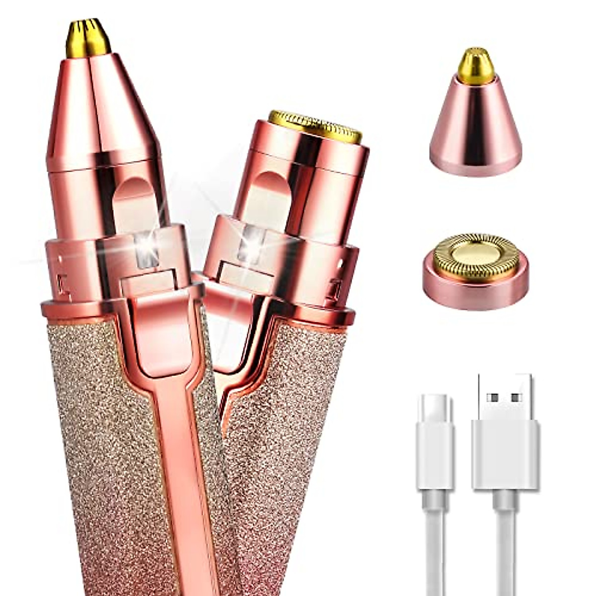 Women's Facial Eyebrow Trimmer, CkeyiN 2 in 1 USB Rechargeable Painless-Precision Eyebrow Remover Eyebrow Razor Tool with Built-in LED Light Facial Trimmer for Nose, Lips, Body