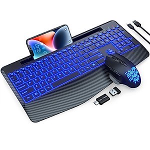 Wireless Keyboard and Mouse Backlits, Wrist Rest, Jiggler Mouse, Rechargeable Ergonomic Keyboard with Phone Holder, Silent Light Up Combo for Computer, Mac, PC, Laptop, Chromebook -by SABLUTE