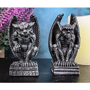 Ebros Gift Notre Dame Castle Top Guardian Mini Gargoyles Crouching On Stone Pedestals Resin Figurine Set of 2 Miniature Fairy Garden Gargoyle Sculpture Pair 2.5" Tall