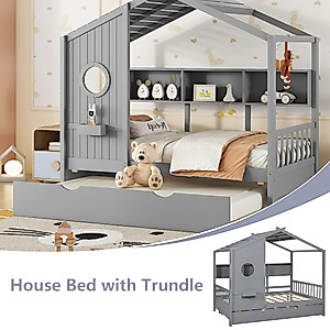 HUMEHA Twin Bed Frames for Kids, House Bed with Trundle and Shelves, Wood Playhouse Platform Bed Frame with Window and Fence for Boys Girls, Gray, 74.4" L x 42.7" W x 72" H