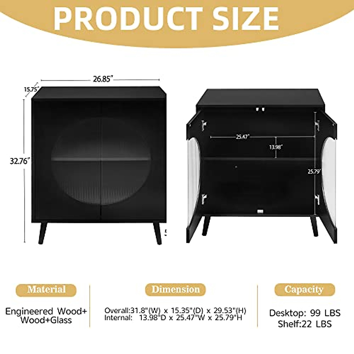 QHITTY Glass Sideboard Buffet Cabinet, Simple Accent Kitchen Storage Cabinet Modern Console Table TV Stand with Adjustable Shelves for Living Room, Dining Room, Bedroom (Black)