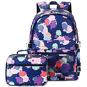 YUSSTAR Kids Girls Backpack Lunch Box Set Elementary School Bag Insulated Lunchbox Combo (Color-block blue)