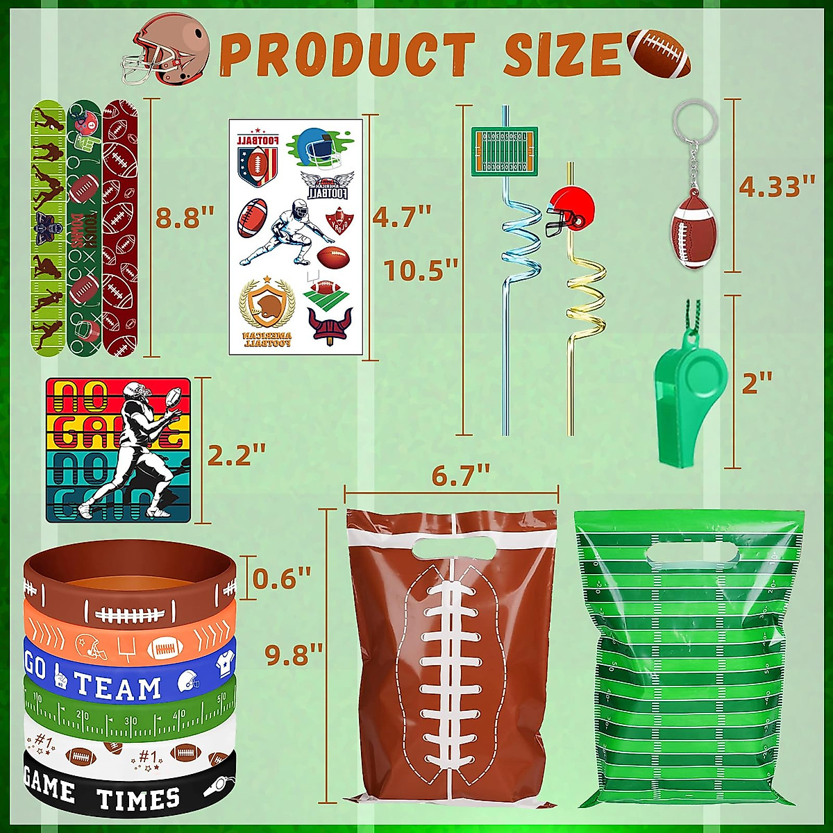 134 Pcs Football Party Favors Set 12 Silicone Bracelet 12 Whistles 12 Keychains 12 Slap Bracelet 12 Tattoo Stickers 12 Plastic Straws 12 Gift Bags 50 Football Stickers for Football Party Supplies