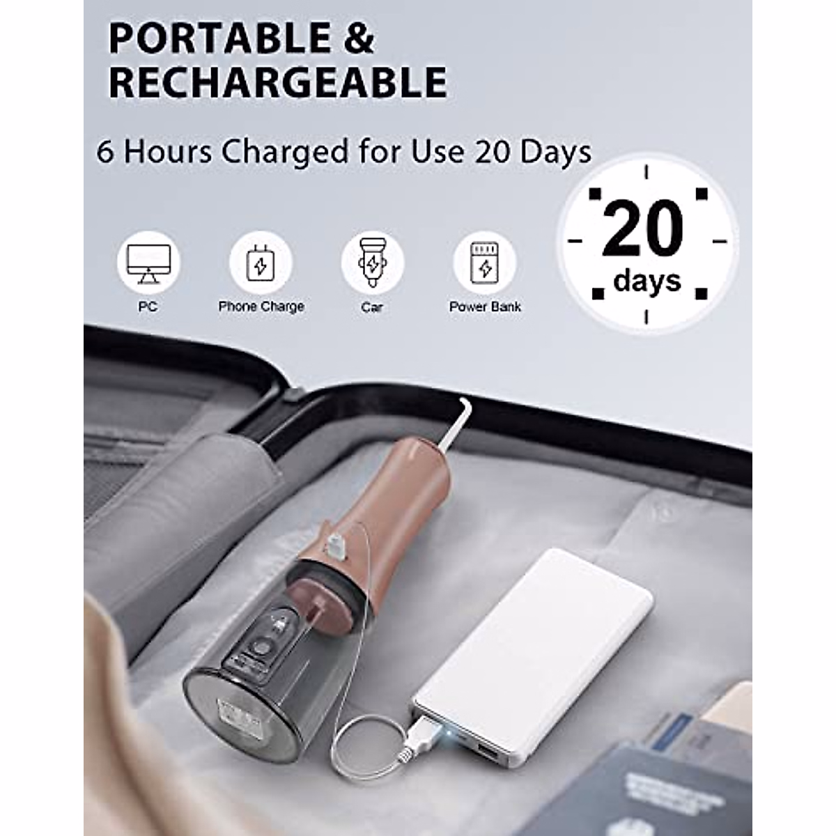 MySmile Powerful Cordless 350ML Water Dental Flosser Portable OLED Display Oral Irrigator with 5 Pressure Modes 8 Replaceable Jet Tips and Storage Bag for Home Travel Use (Rose Gold)