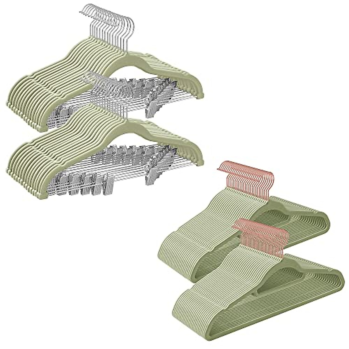 SONGMICS 30-Pack Pants Hangers and 50-Pack Clothes Hanger Bundle, Velvet Hangers with Adjustable Clips, Non-Slip, and Space-Saving, Pale Green UCRF012GR30 and UCRF021GR50