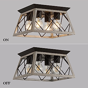 Q&S Farmhouse Ceiling Light OAK Semi Flush Mount Vintage 4-Light Square Rustic Island Light Fixtures for Entryway Hallway Dining Room Living Room Bedroom