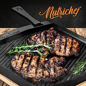 NutriChef Cast Iron Reversible Grill Plate - Griddle Skillet Flat Grill Pan For Stove Top - Gas Range Grilling Pan w/ 2 Holder For Electric Stovetop, Ceramic, Induction - Includes Wood base