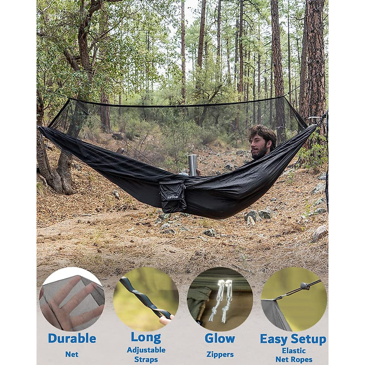 Sunyear Hammock Camping with Rain Fly Tarp and Net, Portable Camping Hammock Double Tree Hammock Outdoor Indoor Backpacking Travel & Survival, 2 Tree Straps,100% Waterproof, Black