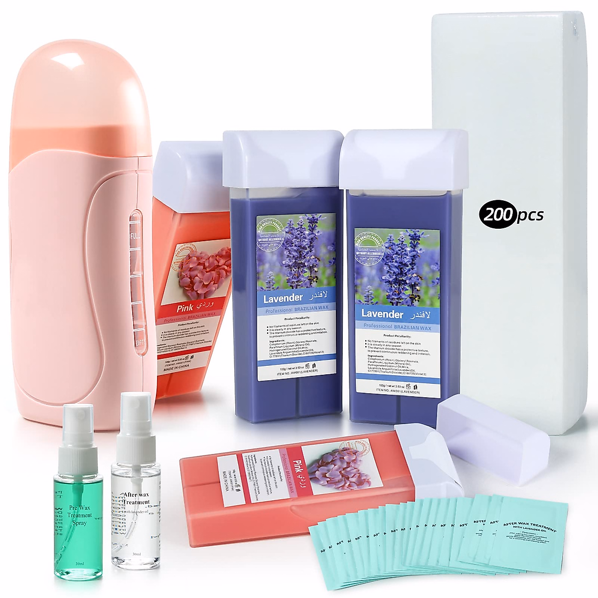 Roller Waxing Kit for Women Hair Removal, Rose & Lavender Roll on Wax, Roll on Wax Warmer Kit with 4 Pack Wax Roller & 200 Wax Strips & Wax Cleanser Kit, Waxing kit Roll On for Men and Women Beth lee