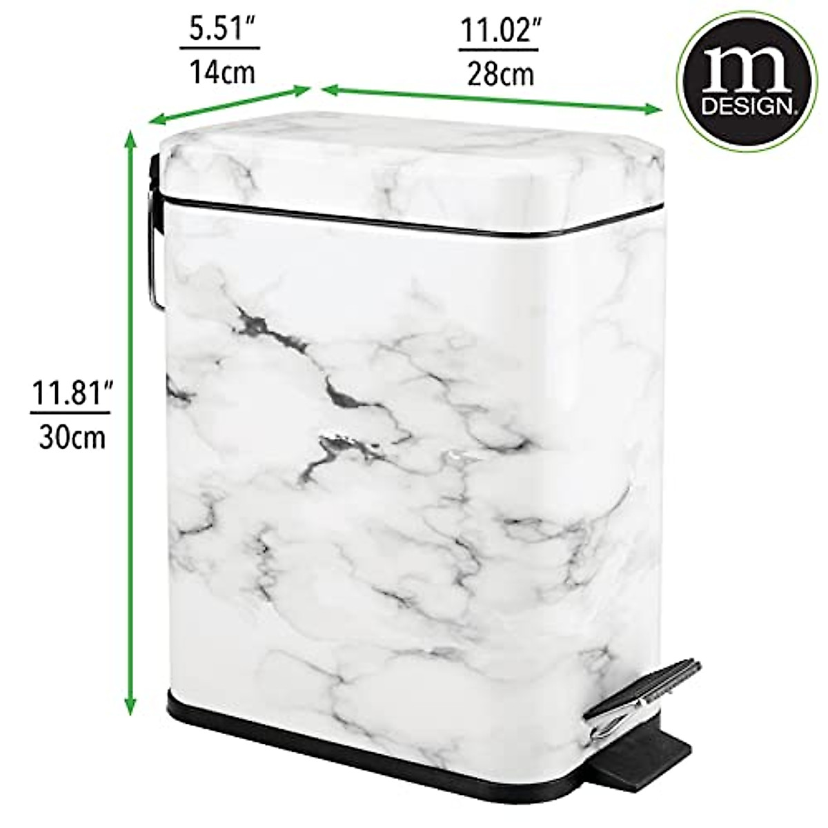 mDesign Metal Freestanding Slim Toilet Bowl Brush and Holder + Rectangle Narrow 5 Liter / 1.3 Gallon Step Pedal Trash Can Wastebasket for Bathroom - Small, Compact Design - Set of 2 - White Marble