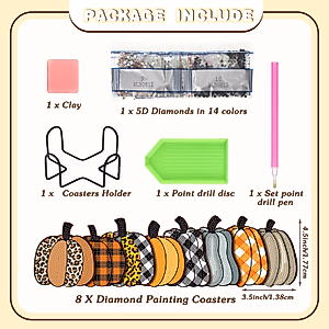 Shellwei 8 Pcs Fall Thanksgiving Diamond Art Coasters Pumpkin Diamond Painting Coasters with Holder Autumn DIY Diamond Painting Kit Diamond Coasters for Adults Crafts Gift Beginner
