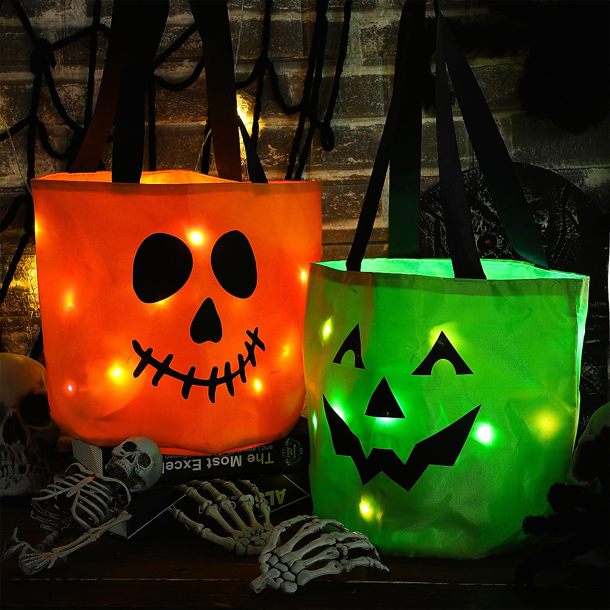 Yaomiao 4 Pcs LED Light Halloween Bags Halloween Candy Bags Light Up Goodie Bags Light Up Candy Bags Multipurpose Reusable Goody Bucket for Kids Halloween Party Supplies(Colorful)