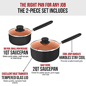 Clover Supply Co. Nonstick Saucepan Set with Lids Pots - Multipurpose Use for Home Kitchen or Restaurant - Glass Lids - 1 Quart and 2 Quart, Copper