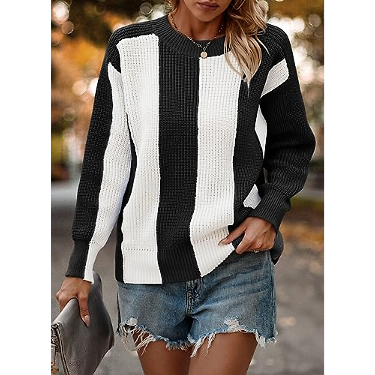 PRETTYGARDEN Women's 2023 Fall Knit Pullover Sweater Casual Long Sleeve Color Block Jumper Blouse Tops (Black,Large)