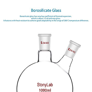 StonyLab 1000ml Glass 2 Neck Round Bottom Flask RBF, with 24/40 Center and Side Standard Taper Outer Joint - 1L (1 Liter)