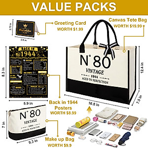 80th Birthday Gifts for Women Canvas Tote Bag Travel Gear, Unique 80 Years Old Gifts for Wife Sister Mom Aunt Friends Her, Vintage N°80 Beach Bag & Cosmetic Bag & Back in 1944 Poster