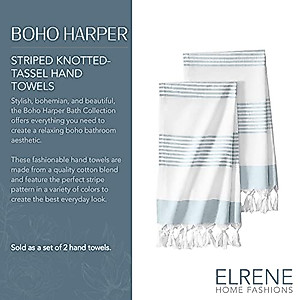 Elrene Home Fashions Boho Harper Stripe Knotted-Tassel Hand Towels, 16 Inches by 30 Inches, Set of 2, Cotton, Spa Blue