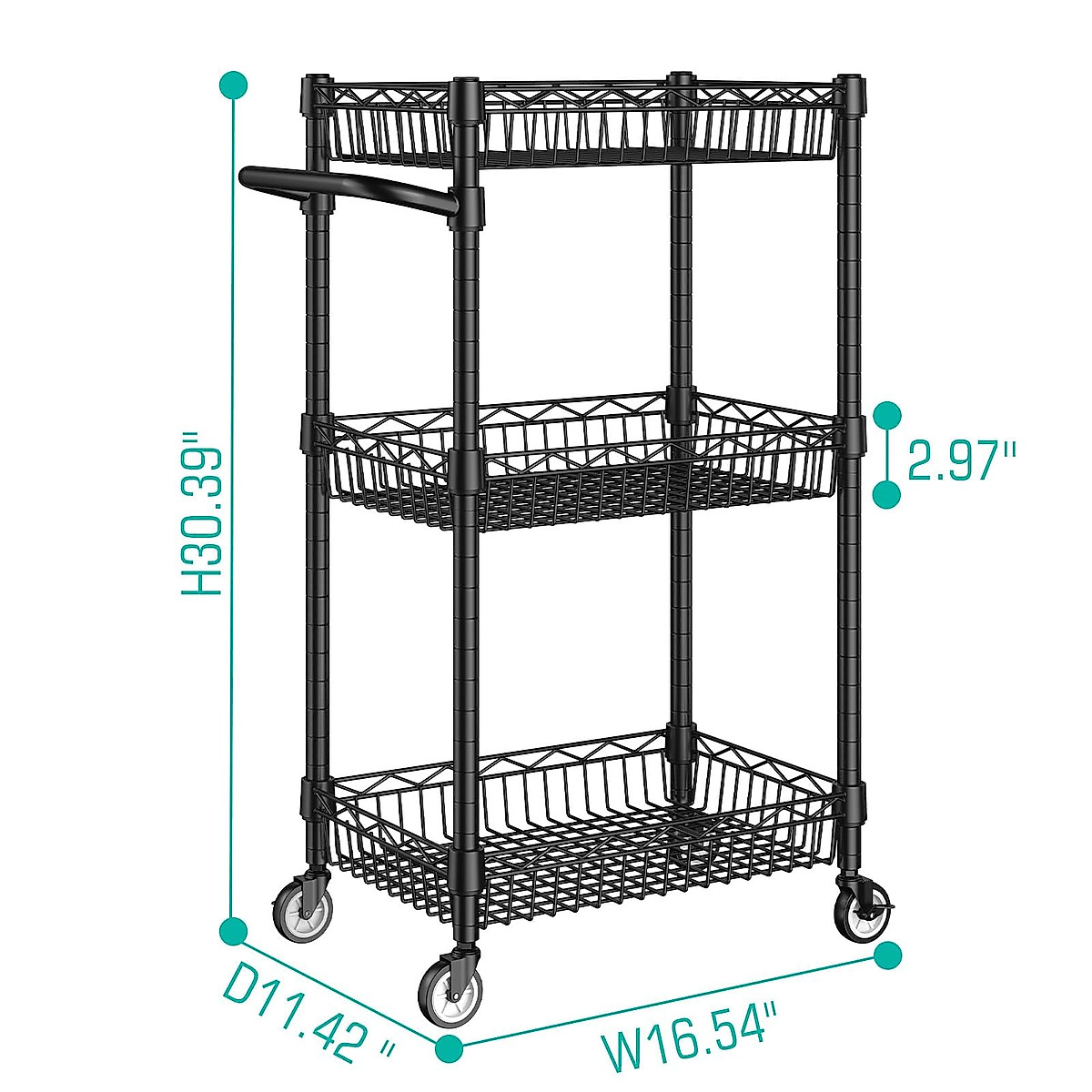 YASONIC 3 Tier Metal Rolling Cart, Kitchen Cart with Adjustable Shelves, Heavy Duty Utility Cart with Lockable Wheels, Multifunctional Rustproof Storage Cart, Bathroom Organizer Cart, Black