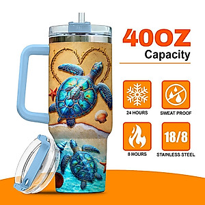 99WHALE Tumbler 40 Oz With Handle Lid And Straw, Summer Myrtle Navy Beach For Tumblers Royal Women Insulated Blue Handle, Sea Turtle Seashells Inspiration, Sea Turtle Gifts