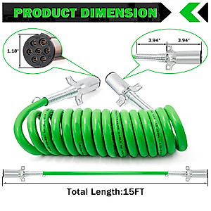 Cheemuii 7 Way Coiled Trailer Cord 15 FT Green ABS Electrical Power Coil Heavy Duty Cable Power Wire for Semi Trucks Tractors