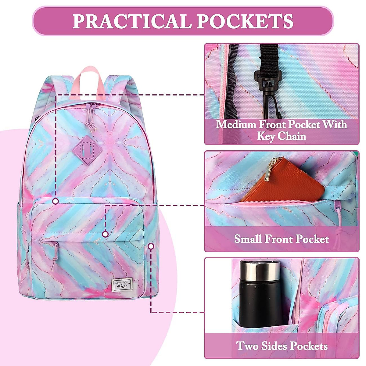 Kasqo School Backpack, 15.6 Inch Classic Lightweight Water-Resistant Backpack Bookbag Daypack for Women Teens Girls Kids College, Travel, Work, Multicolour