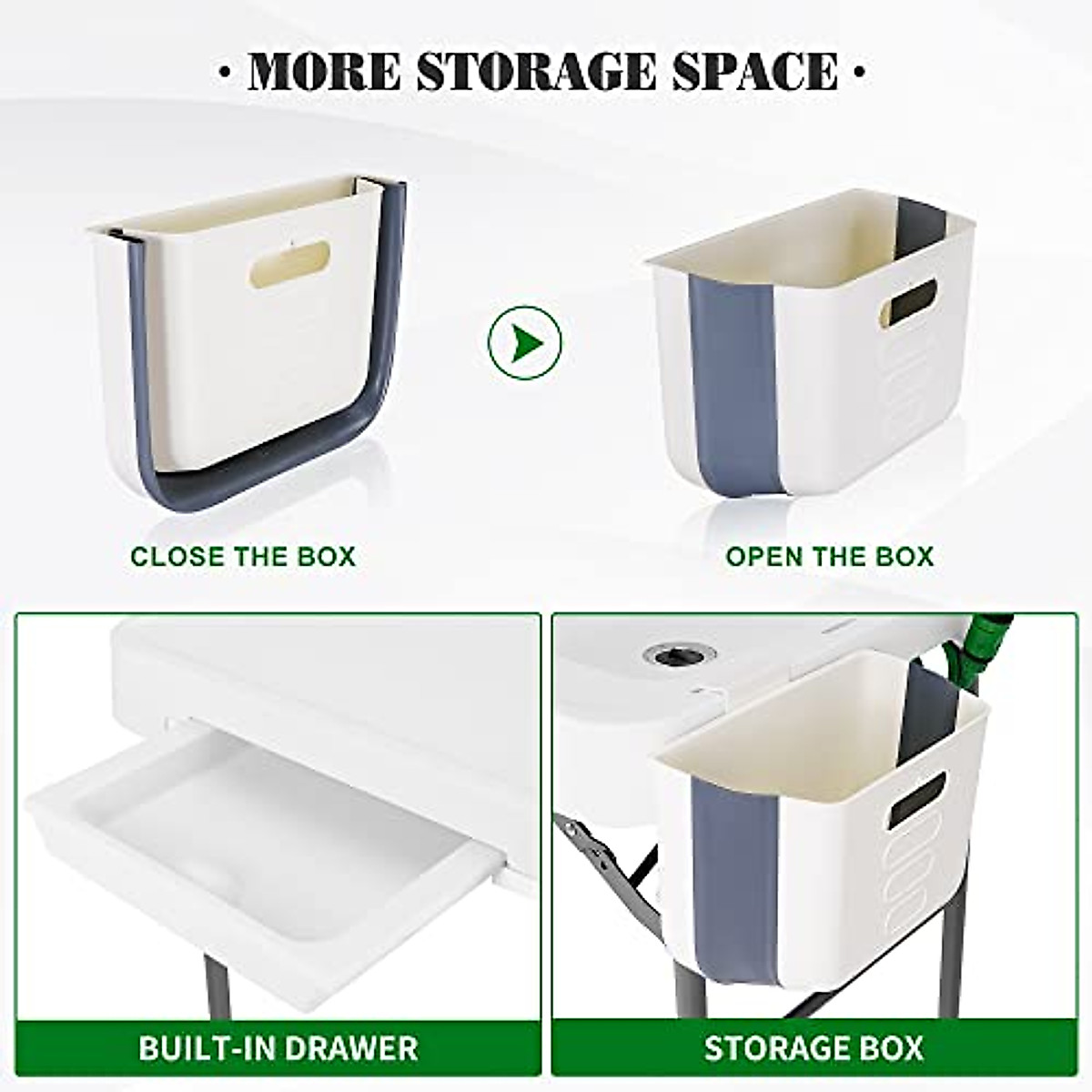 Allpop Folding Fish Cleaning Table with 2 Sinks, 42.5’’ Portable Camping Fish Fillet Station with Faucet, Spray Nozzle, Drain Hose, Storage Box, Built-in Drawer& Knife Groove for Picnic, White