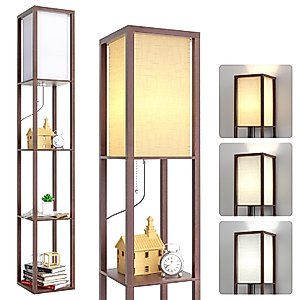 watrue Floor Lamp with Shelves, Shelf Floor Lamp for Living Room, Modern Tall Corner Shelves Floor Lamp for Bedroom Office, White Linen Shape, 3 Color Temperature LED Blub.