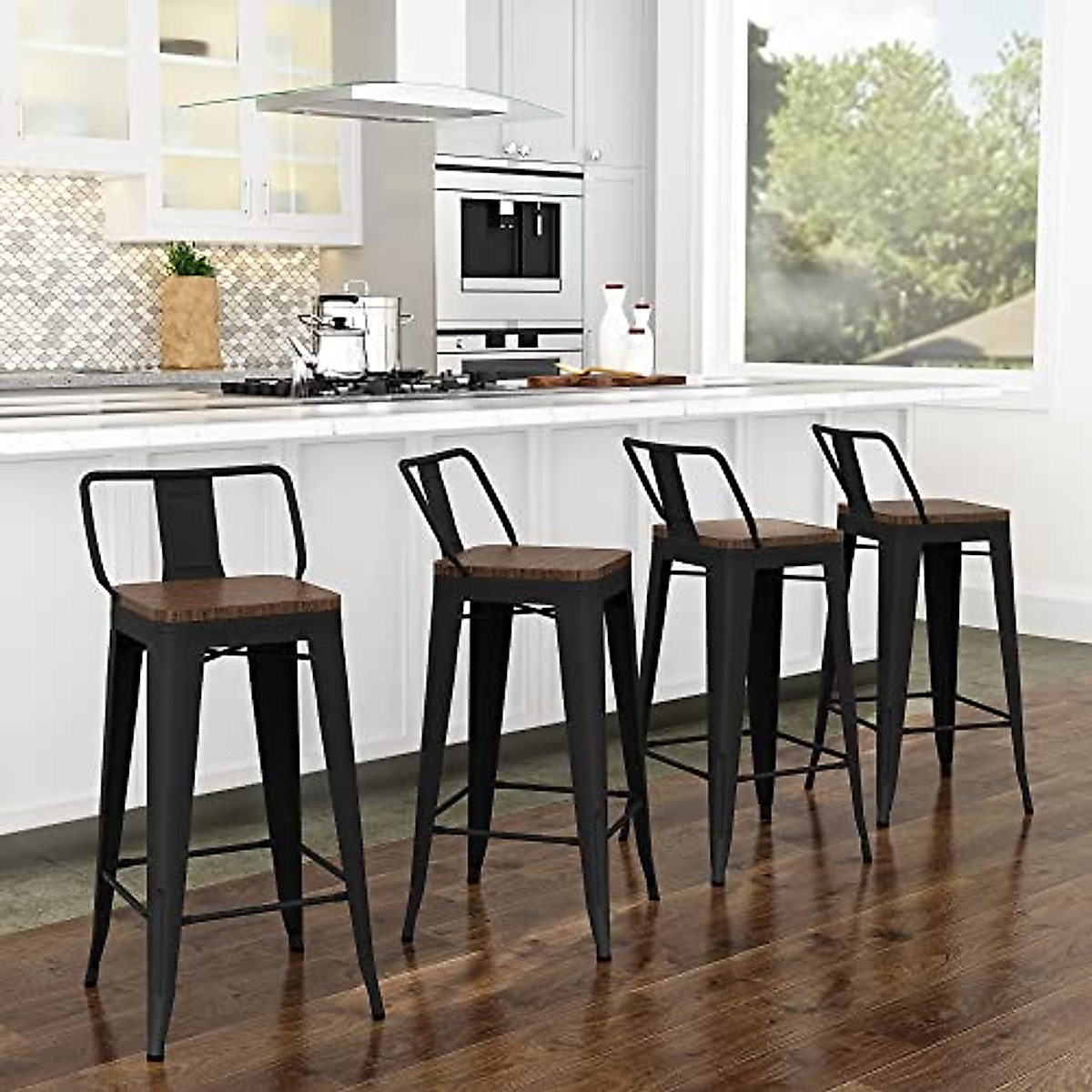 Yongchuang 24" Metal Barstools Set of 4 Counter Bar Stools with Wood Top Low Back Matte Black