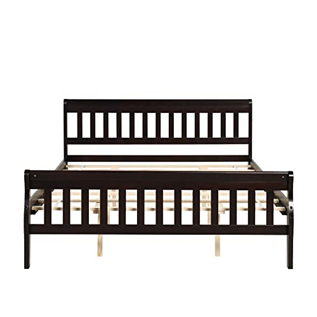 Prohon Queen Platform Bed with Vertical Openwork Design Headboard & Footboard, Large Underbed Storage Space, Simple Style Wooden Bedframe for Kids Teen Adults, No Box Spring Needed, Espresso