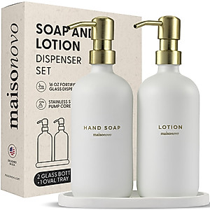 MaisoNovo Soap Dispenser 3-Piece Set | 16.9oz White Bottles with Gold Stainless Steel Pumps