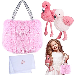 Kathfly 4 Pcs Pink Stuffed Flamingo Toy for Women Girls Gifts Mommy and Baby Flamingo Toy, Furry Bag and Doll Blanket, Cute Plush Flamingo Animal Set for Little Girl Birthday Party Favors