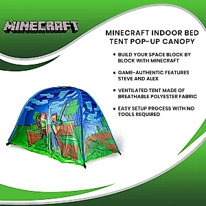 Minecraft Indoor Bed Tent Fort | Pop-Up Canopy Tents & Shelters, Fort Playhouse for Kids, Indoor Activities, Reading Nook Playroom