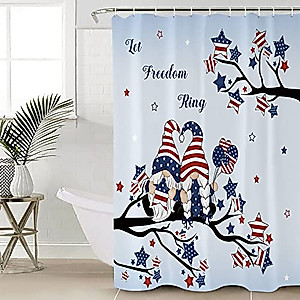 4Pcs Bath Set Home Decor, Freedom Gnomes Bathroom Waterproof Shower Curtain with Hook, 4th of July Patriotic Memorial Flag Day Large Runner Rugs, Toilet Lid Cover and U-Shaped Bath Mat, 66"x72"