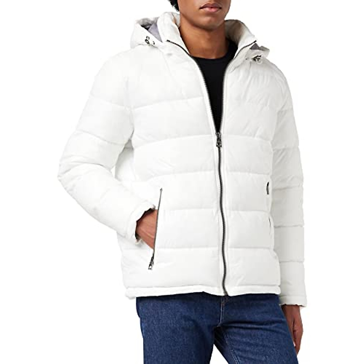 GUESS Men Mid-Weight Puffer Jacket with Removable Hood, White, Medium
