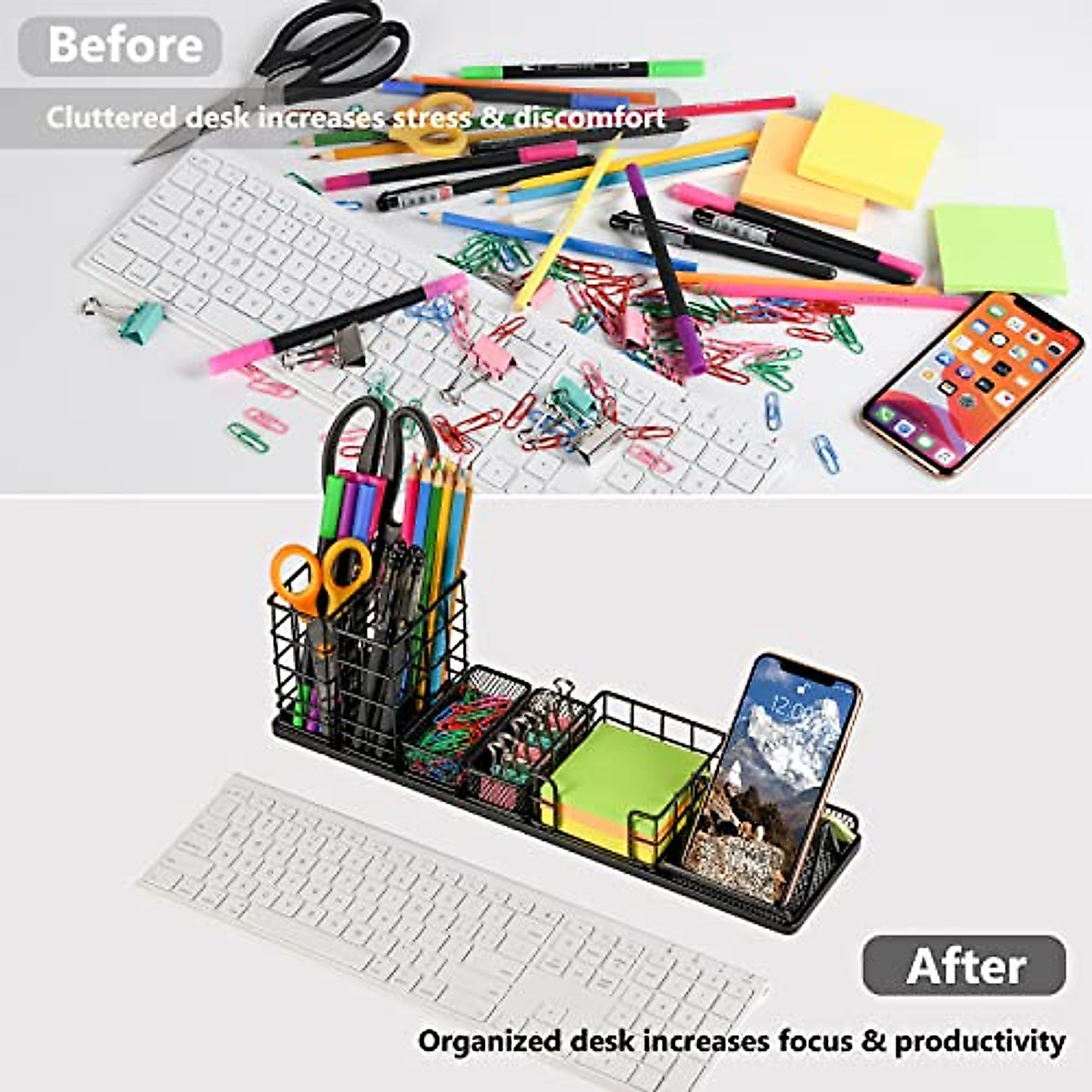 Pen Holder for Desk, Desk Organizer with Pen Holder, DIY Desktop Organization with Phone Holder, Sticky Note Tray, Paperclip Storage and Office Accessories Caddy for Office Home School, Black