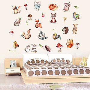 Squirrel Fox Rabbit Hedgehog Mushroom Wall Decals, Woodland Animal Wall Stickers for Kid, Forest Animals Wall Decal for Kids Room Baby Nursery Wall Decor, Kids Wall Decals, Wall Decals for Kids