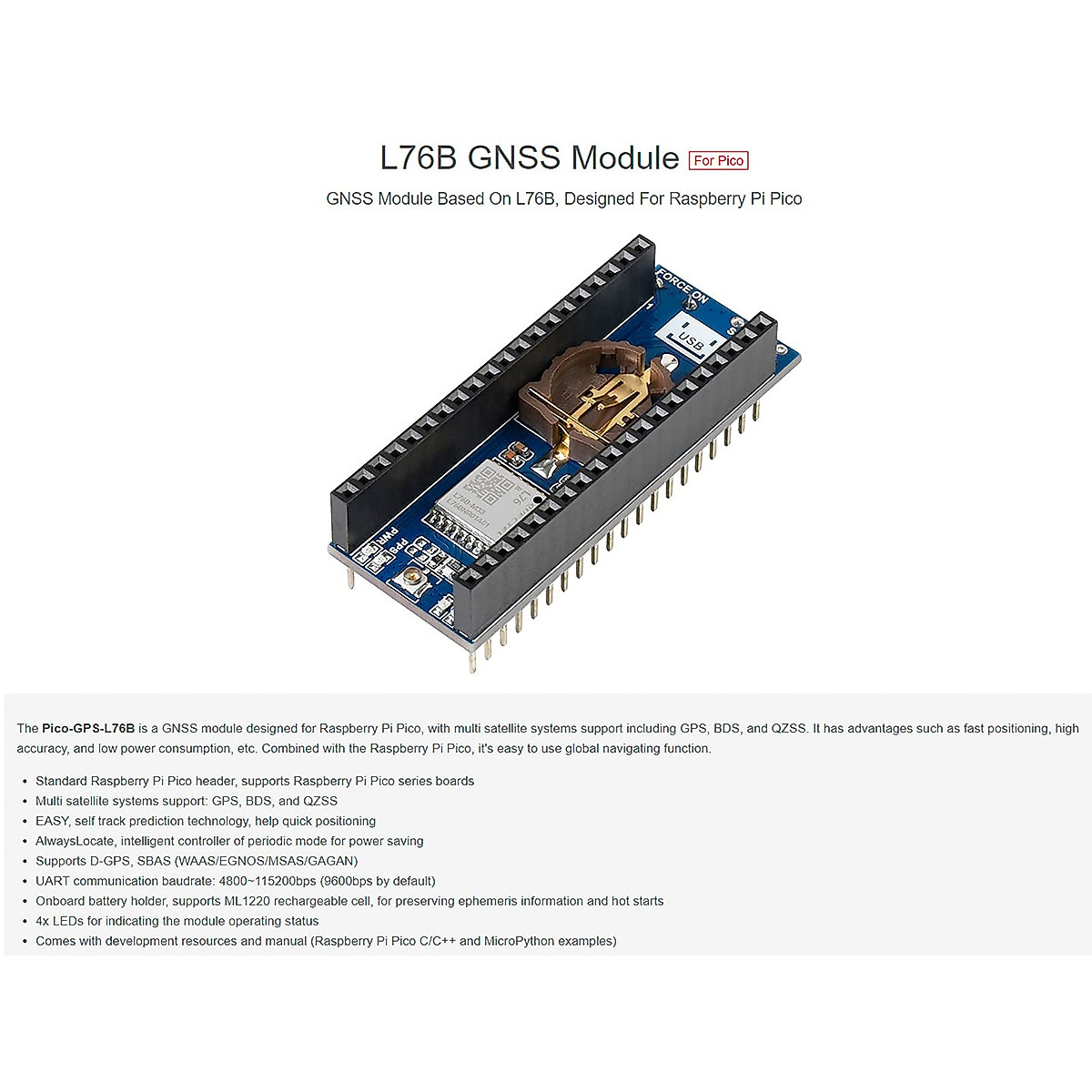 Bicool L76B GNSS Module for Raspberry Pi Pico, Support Multi Satellite Systems GPS, BDS, and QZSS