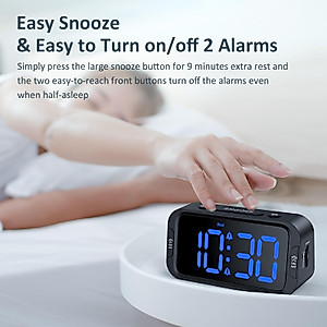 Odokee Digital Dual Alarm Clock for Bedroom, Easy to Set, 0-100% Dimmer, USB Charger, 5 Sounds Adjustable Volume, Weekday/Weekend Mode, Snooze, 12/24Hr, Battery Backup, Compact Clock for Bedside(Blue)