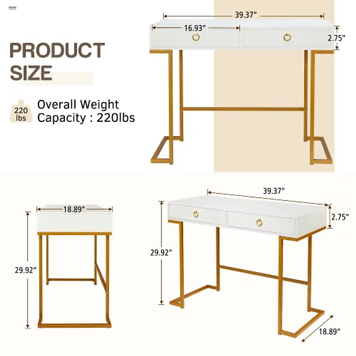 EROMMY Modern Makeup Vanity Dressing Table with Wood Top and Metal Frame, Vanity Desk with Drawers for Home Office, Bedroom, Gold-White