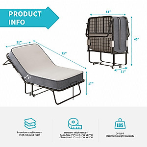 CECER Twin Size Folding Bed with 5 Inch Foam Mattress, 75" x 51" Rollaway Bed, Space-Saving Guest Bed, Portable Foldable Extra Bed for Adults with Sturdy Metal Frame, Easy Moving