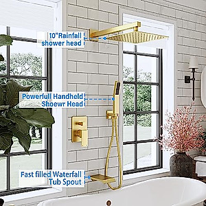 HomGoo Shower System with Tub Spout, Shower Faucet Set with 10-Inch Rain Shower Head, Handheld Shower head and Shower Faucet Trim valve, Wall Mounted Bathroom Shower Combo Set,Gold