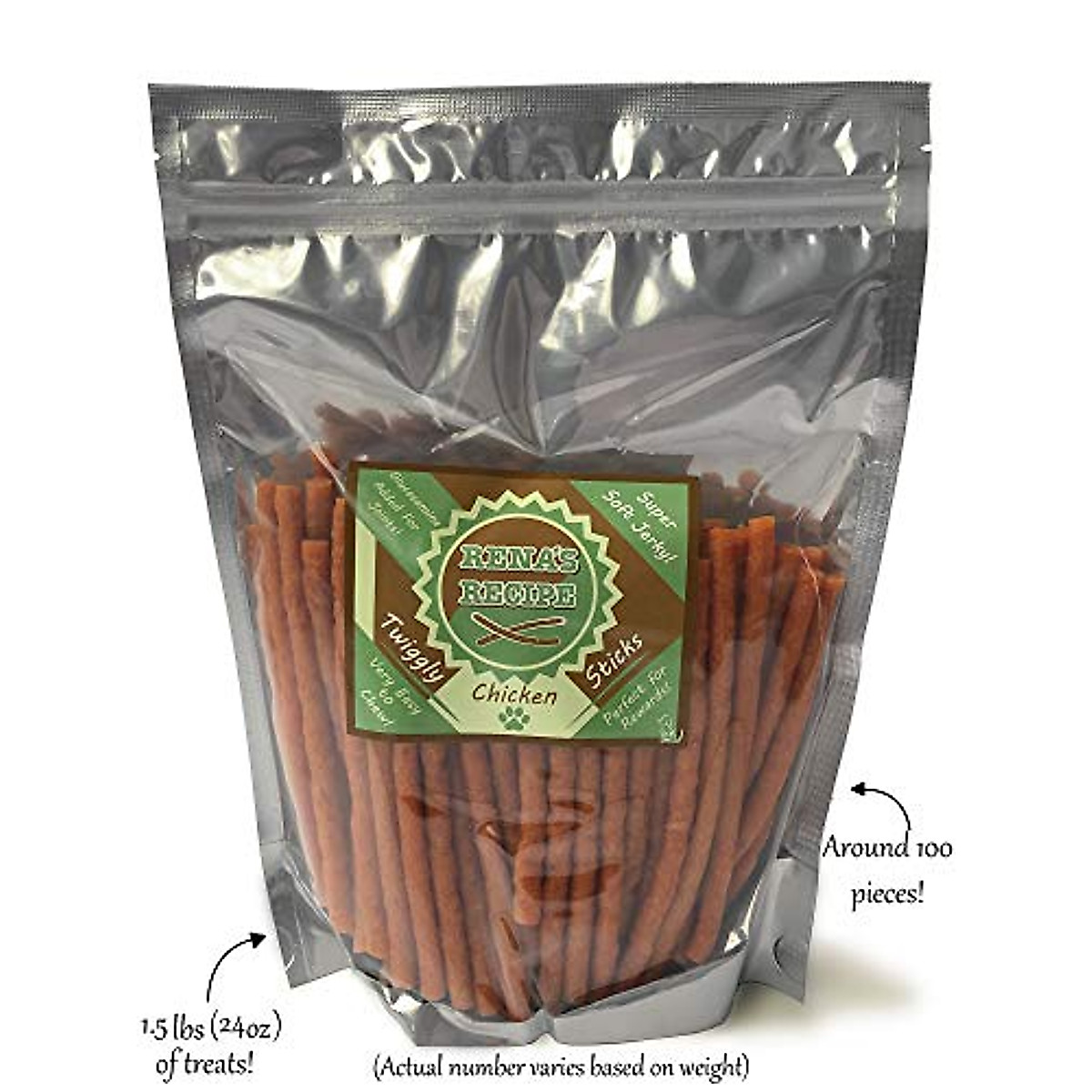 Rena's Recipe Twiggly Chicken Sticks (24oz /1.5lbs) Big Pack (Around 100 Pieces) - Rawhide Free Soft Chicken Jerky Sticks with Glucosamine!