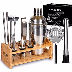 Cocktail Shaker Set with Stand, 15 Piece Bartender Kit Home Bar Accessories - Martini Shaker with Built-in Strainer, Muddler, Jigger, Drink Shaker 304 Stainless Steel, House Warming Gitfs New Home