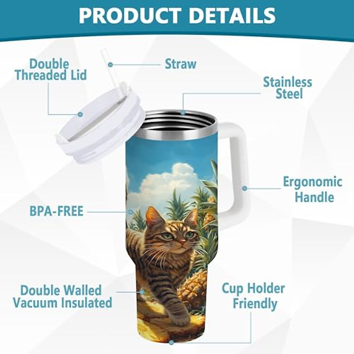 Slewiaeky Tumbler with Handle 40 oz Adorable Skinny Cat Travel Mug with Lid and Straw Pineapple Stainless Steel Vacuum Insulated Water Bottle Cup for Iced Tea Coffee Cold Beverages Cup Holder Friendl