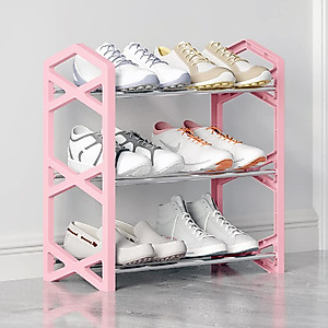 SHELAKET Upgrade 3-Tier Small Shoe Rack, Metal Lightweight 5-7 Pairs Shoe Shelf Storage Organizer for Entryway, Hallway and Closet（Pink）