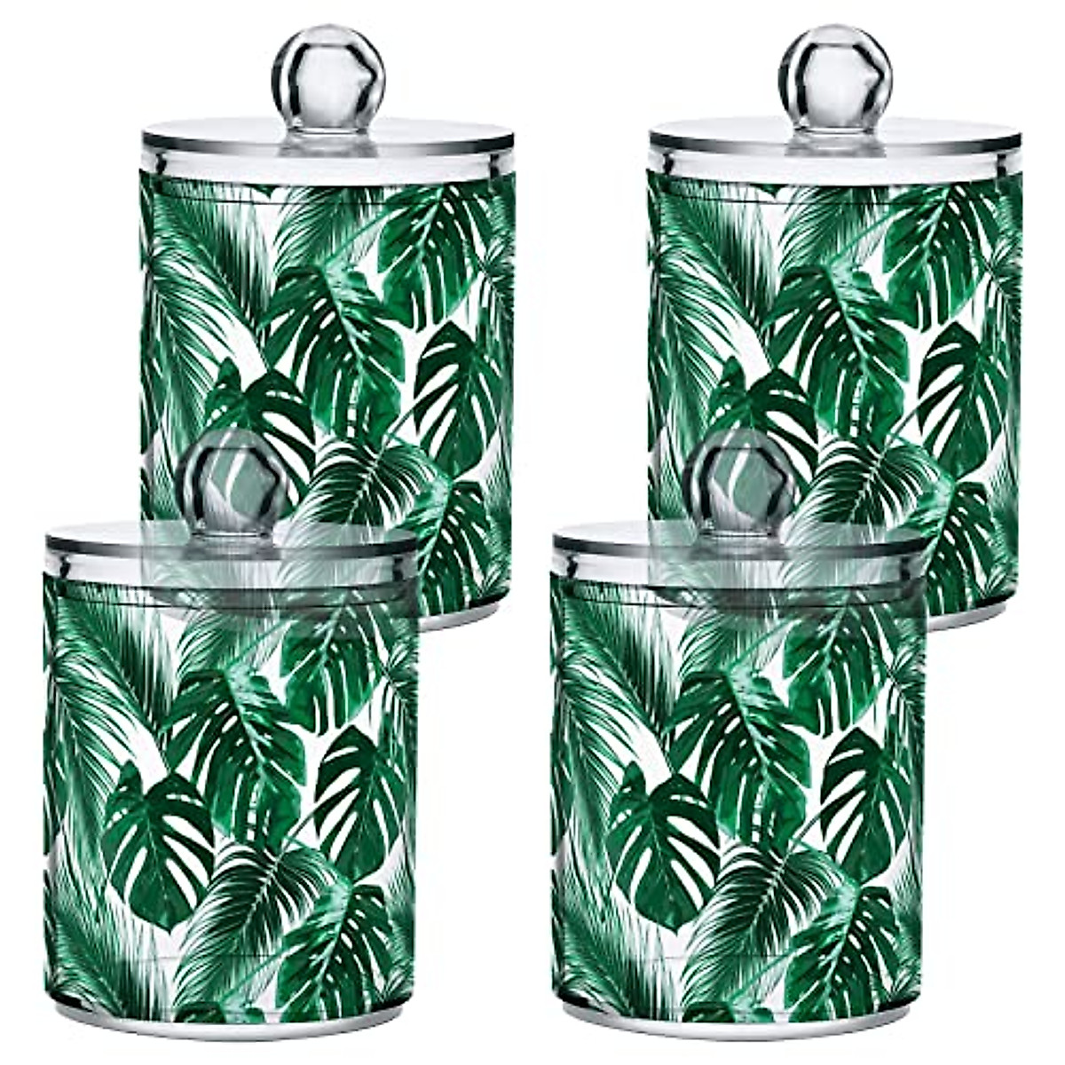 MNSRUU 2 Pack Qtip Holder Organizer Dispenser Tropical Palm White Bathroom Storage Canister Cotton Ball Holder Bathroom Containers for Cotton Swabs/Pads/Floss