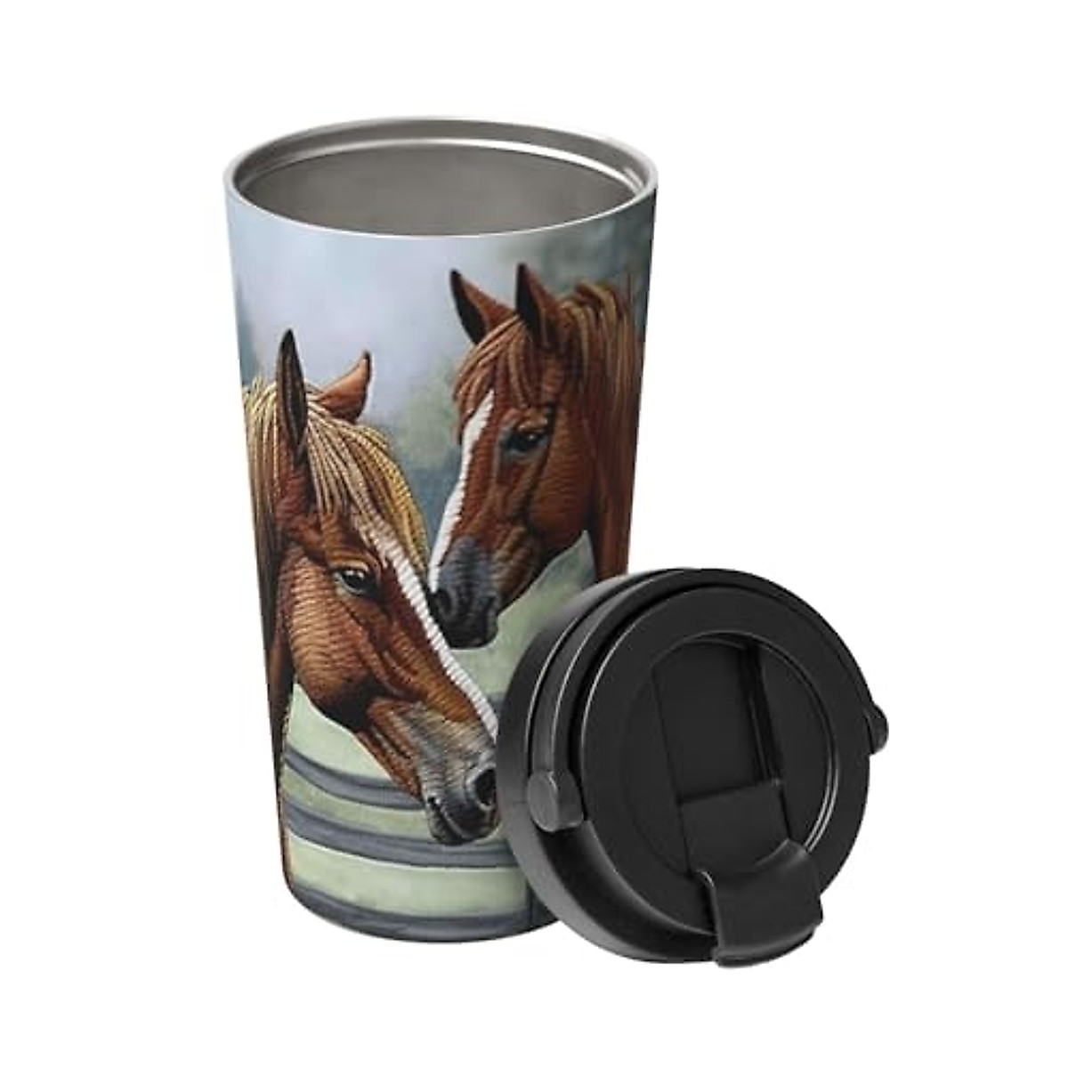 GTKSYNVE Reusable Coffee Mug with Lid and Handle, Animals Embroidery Paintings Horses Tumbler for Hot & Cold Drinks 16oz Stainless Steel Insulated Coffee Tumblers Double Wall Vacuum Thermal Cup