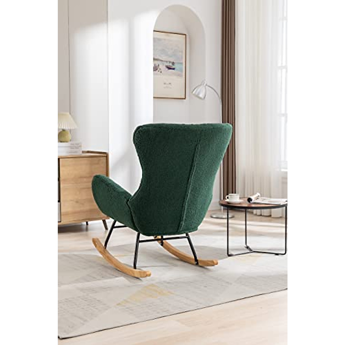 INMOZATA Rocking Chair Nursery Teddy Fabric Upholstered Glider Rocker with High Backrest, Modern Rocking Accent Chair for Nursery/Living Room/Bedroom(Green-Teddy)