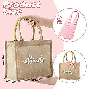 Saintrygo 6 Pack Bridesmaid Tote Bags Bridesmaid Gift Bags Jute Burlap Tote Bags with Handles Bride Bags Pink Ribbons for Wedding (9.84 x 7.87 x 4.92'')